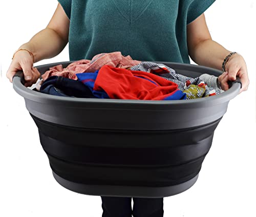 SAMMART 32L (8.4 gallon) Collapsible Plastic Laundry Basket - Foldable Pop Up Storage Container/Organizer - Portable Washing Tub - Space Saving Hamper/Basket, Water Capacity: 24L (1, Grey/Black)