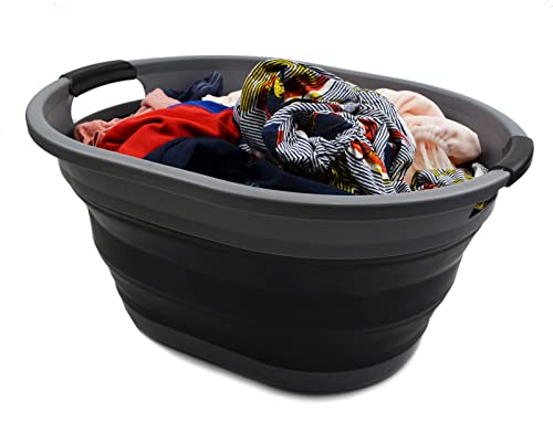 SAMMART 32L (8.4 gallon) Collapsible Plastic Laundry Basket - Foldable Pop Up Storage Container/Organizer - Portable Washing Tub - Space Saving Hamper/Basket, Water Capacity: 24L (1, Grey/Black)