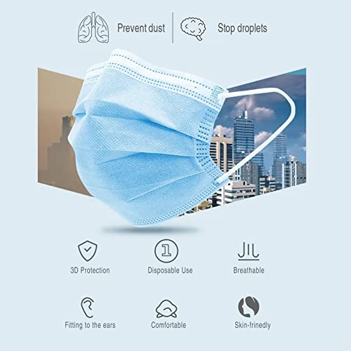 Blue Disposable Face Masks, 100 Pcs Disposable Masks, 3-ply Non-Woven Disposable Face Covers, Breathable Face Mask for Adults and Teens for Disposable Use