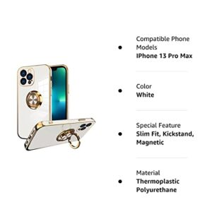 OOK Compatible with iPhone 13 Pro Max Case with Ring Holder Full Camera Lens Protection Plating Rose Gold Edge 360°Kickstand Slim Soft TPU Protective Case Cover for iPhone 13 Pro Max 6.7 Inch -White