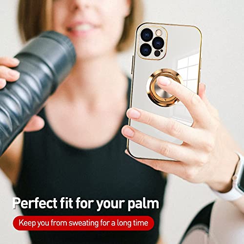 OOK Compatible with iPhone 13 Pro Max Case with Ring Holder Full Camera Lens Protection Plating Rose Gold Edge 360°Kickstand Slim Soft TPU Protective Case Cover for iPhone 13 Pro Max 6.7 Inch -White