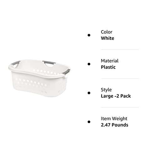 IRIS USA Hip Grip Laundry Basket, Laundry Organizer, Comfort Carry Plastic Laundry Basket with Hip Curve, 3 Handles for Easy Carry - Large, White, Pack of 2