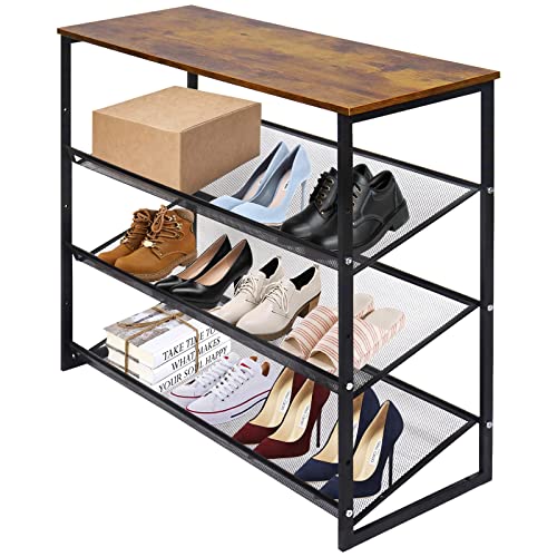 Garden 4 you 4-Tiers Shoe Storage Freestanding Organizer Modern 25.2 in Tilting Adjustable Shoe Rack for High Heels, Entryways, Hallways, Closets, Dormitory Rooms, Industrial, Brown