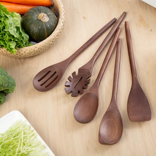 Wooden Cooking Spoons Set, 14 Inch Walnut Wood Spoon for Mixing Salad Soup Stirring, Nonstick Cookware Serving Scoop Kitchen Cooking Utensil Long Handle Comfortable Grip and Smooth Finish (2 Pieces)