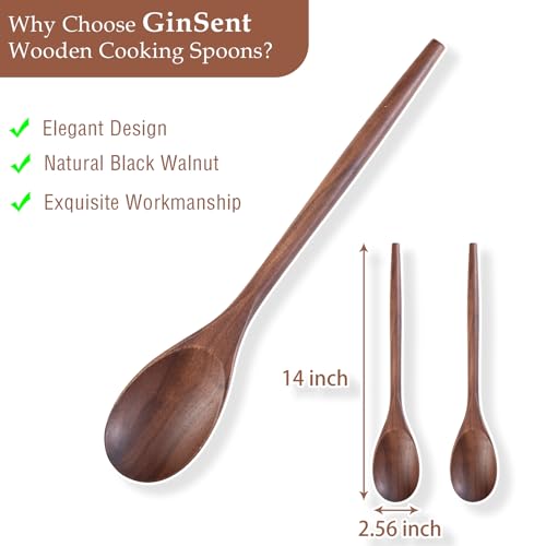 Wooden Cooking Spoons Set, 14 Inch Walnut Wood Spoon for Mixing Salad Soup Stirring, Nonstick Cookware Serving Scoop Kitchen Cooking Utensil Long Handle Comfortable Grip and Smooth Finish (2 Pieces)