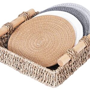 Pot Holders Trivets Set 4 Pcs with Seagrass Basket Holder, Cotton Trivets for Hot Pots and Pans, Potholders for Hot Dishes, Kitchen Counter Table Coasters Hot Pads Hot Mats (7 inch)