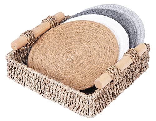 Pot Holders Trivets Set 4 Pcs with Seagrass Basket Holder, Cotton Trivets for Hot Pots and Pans, Potholders for Hot Dishes, Kitchen Counter Table Coasters Hot Pads Hot Mats (7 inch)