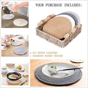 Pot Holders Trivets Set 4 Pcs with Seagrass Basket Holder, Cotton Trivets for Hot Pots and Pans, Potholders for Hot Dishes, Kitchen Counter Table Coasters Hot Pads Hot Mats (7 inch)