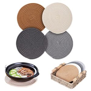 Pot Holders Trivets Set 4 Pcs with Seagrass Basket Holder, Cotton Trivets for Hot Pots and Pans, Potholders for Hot Dishes, Kitchen Counter Table Coasters Hot Pads Hot Mats (7 inch)