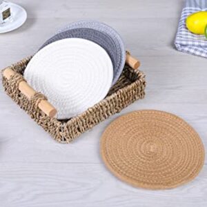 Pot Holders Trivets Set 4 Pcs with Seagrass Basket Holder, Cotton Trivets for Hot Pots and Pans, Potholders for Hot Dishes, Kitchen Counter Table Coasters Hot Pads Hot Mats (7 inch)