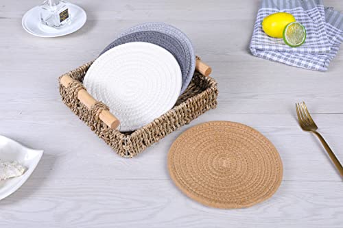 Pot Holders Trivets Set 4 Pcs with Seagrass Basket Holder, Cotton Trivets for Hot Pots and Pans, Potholders for Hot Dishes, Kitchen Counter Table Coasters Hot Pads Hot Mats (7 inch)