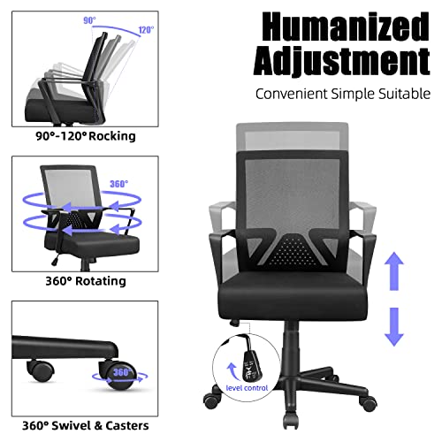 Furmax Office Chair Ergonomic Chair with Lumbar Support, Mid Back Computer Desk Chair Adjustable Height, Mesh Swivel Task Chair Humanized Breathable Chair with Armrests (Black)