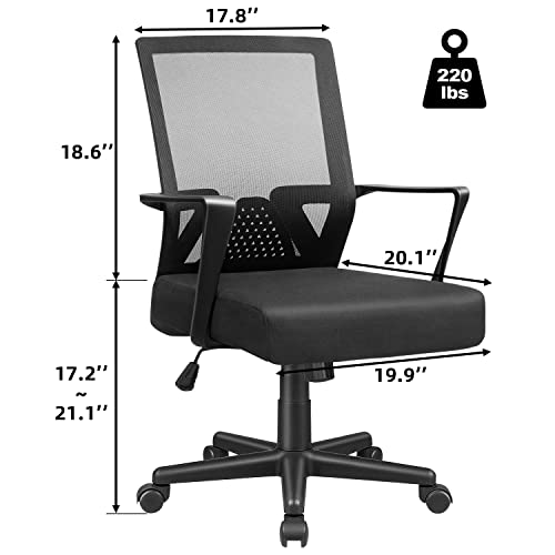 Furmax Office Chair Ergonomic Chair with Lumbar Support, Mid Back Computer Desk Chair Adjustable Height, Mesh Swivel Task Chair Humanized Breathable Chair with Armrests (Black)