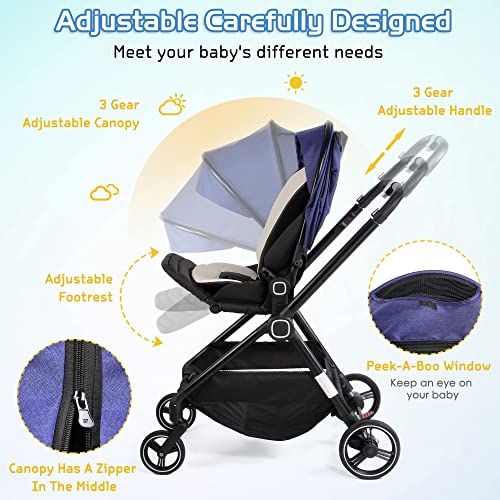 COLOR TREE Baby Stroller Lightweight Stroller for Babies and Toddlers Foldable High Landscape Infant Carriage Pushchair with Adjustable Handle & Reversible Seat, Compact Fold, Blue