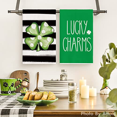 Artoid Mode Stripes Clover Shamrock Lucky Charms St. Patrick's Day Kitchen Towels Dish Towels, 18x26 Inch Seasonal Spring Decoration Hand Towels Set of 2