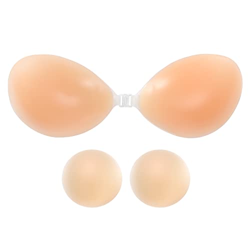 AMFLOWER Adhesive Bra Invisible Self Adhesive Strapless Bra Silicone Push Up with Nipple Covers Reusable for Backless Dress Nude, 30-38D