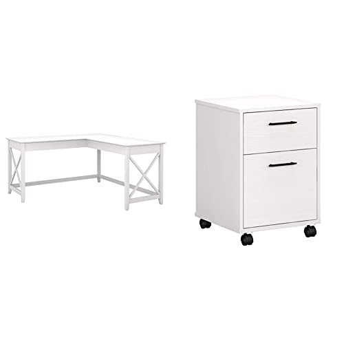 Bush Furniture Key West Modern Farmhouse Writing Desk for Home Office, 60W, Pure White Oak & Key West 2 Drawer Mobile File Cabinet, Pure White Oak