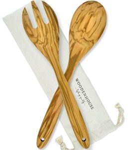 salad tongs for serving, spoon salad utensils set from olive wood, 12 inches wooden fork and spoon for mixing, tossing & cooking