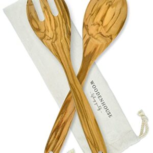 Salad Tongs for Serving, Spoon Salad Utensils Set from Olive Wood, 12 inches Wooden Fork and Spoon for Mixing, Tossing & Cooking