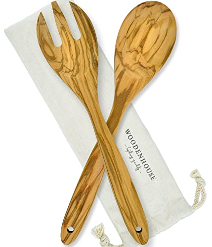 Salad Tongs for Serving, Spoon Salad Utensils Set from Olive Wood, 12 inches Wooden Fork and Spoon for Mixing, Tossing & Cooking