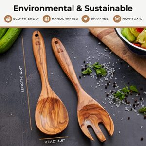 Salad Tongs for Serving, Spoon Salad Utensils Set from Olive Wood, 12 inches Wooden Fork and Spoon for Mixing, Tossing & Cooking