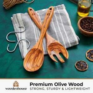 Salad Tongs for Serving, Spoon Salad Utensils Set from Olive Wood, 12 inches Wooden Fork and Spoon for Mixing, Tossing & Cooking