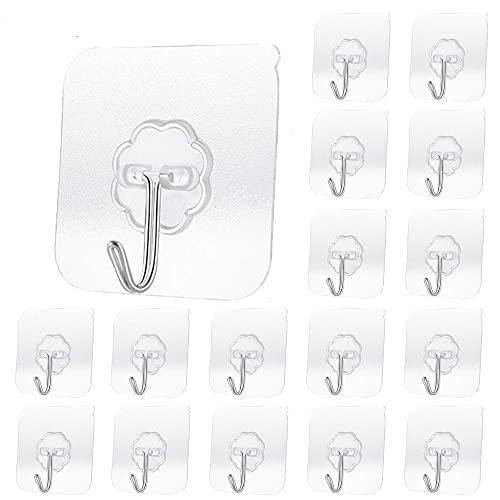 YIKUER Transparent Adhesive Hooks 30 lb(Max), Waterproof & Oilproof Reusable Seamless Hooks, Heavy Duty Wall Hook for Kitchen Bathroom Office (20), (20hook), 2.36