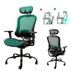 komene ergonomic office chair high back computer chair breathable mesh desk chair, adjustable headrest and lumbar support with 3d armrest heavy-duty swivel task chair, maximum load 300lbs