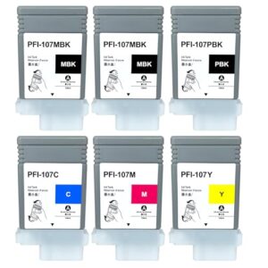 primer ink compatible ink cartridge replacement for canon pfi107 pfi-107 ipf6705b001 ipf670 ipf680 ipf685 ipf780 ipf770 ipf785 (2mbk, 1bk, c, m, y) 6 pack, cyan