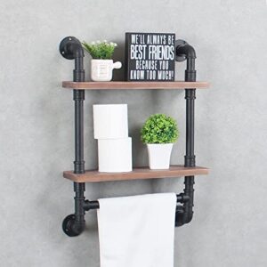 industrial pipe shelving bathroom shelves wall mounted, 2-layer 24in rustic wood shelf with towel bar,farmhouse towel rack metal floating shelves towel holder (typea, black)