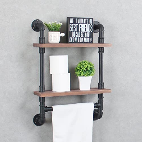 Industrial Pipe Shelving Bathroom Shelves Wall Mounted, 2-Layer 24in Rustic Wood Shelf with Towel Bar,Farmhouse Towel Rack Metal Floating Shelves Towel Holder (TypeA, Black)