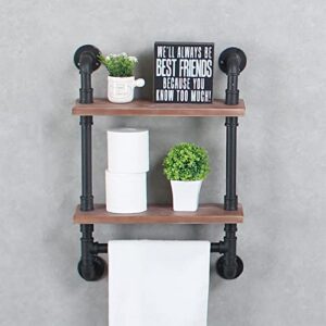 Industrial Pipe Shelving Bathroom Shelves Wall Mounted, 2-Layer 24in Rustic Wood Shelf with Towel Bar,Farmhouse Towel Rack Metal Floating Shelves Towel Holder (TypeA, Black)