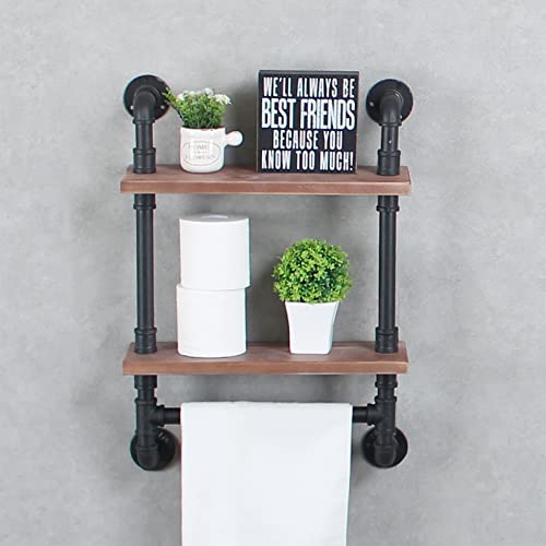 Industrial Pipe Shelving Bathroom Shelves Wall Mounted, 2-Layer 24in Rustic Wood Shelf with Towel Bar,Farmhouse Towel Rack Metal Floating Shelves Towel Holder (TypeA, Black)