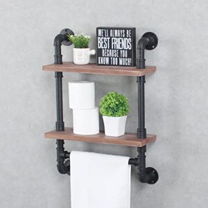 Industrial Pipe Shelving Bathroom Shelves Wall Mounted, 2-Layer 24in Rustic Wood Shelf with Towel Bar,Farmhouse Towel Rack Metal Floating Shelves Towel Holder (TypeA, Black)