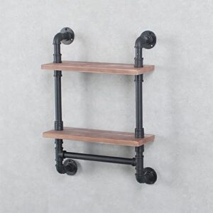 Industrial Pipe Shelving Bathroom Shelves Wall Mounted, 2-Layer 24in Rustic Wood Shelf with Towel Bar,Farmhouse Towel Rack Metal Floating Shelves Towel Holder (TypeA, Black)