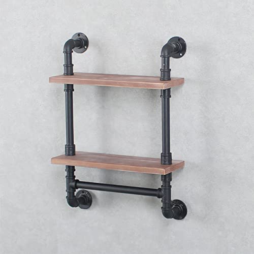 Industrial Pipe Shelving Bathroom Shelves Wall Mounted, 2-Layer 24in Rustic Wood Shelf with Towel Bar,Farmhouse Towel Rack Metal Floating Shelves Towel Holder (TypeA, Black)