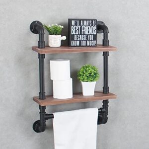 Industrial Pipe Shelving Bathroom Shelves Wall Mounted, 2-Layer 24in Rustic Wood Shelf with Towel Bar,Farmhouse Towel Rack Metal Floating Shelves Towel Holder (TypeA, Black)