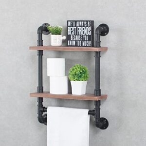 Industrial Pipe Shelving Bathroom Shelves Wall Mounted, 2-Layer 24in Rustic Wood Shelf with Towel Bar,Farmhouse Towel Rack Metal Floating Shelves Towel Holder (TypeA, Black)