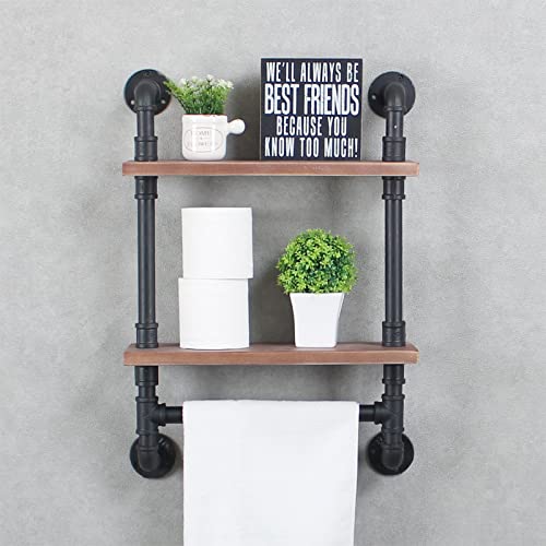 Industrial Pipe Shelving Bathroom Shelves Wall Mounted, 2-Layer 24in Rustic Wood Shelf with Towel Bar,Farmhouse Towel Rack Metal Floating Shelves Towel Holder (TypeA, Black)