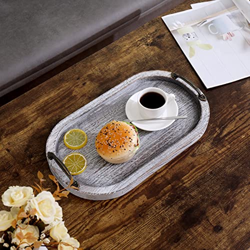 Rustic Wood Serving Tray with Metal Handles Oval Tray Ottoman Decorative Tray Wooden Trays Eating Tray for Party Home Decor Coffee Table Tray Desk Organizer Fruit Plate Breakfast Tray Whitewashed