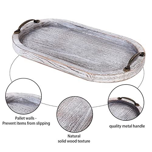 Rustic Wood Serving Tray with Metal Handles Oval Tray Ottoman Decorative Tray Wooden Trays Eating Tray for Party Home Decor Coffee Table Tray Desk Organizer Fruit Plate Breakfast Tray Whitewashed