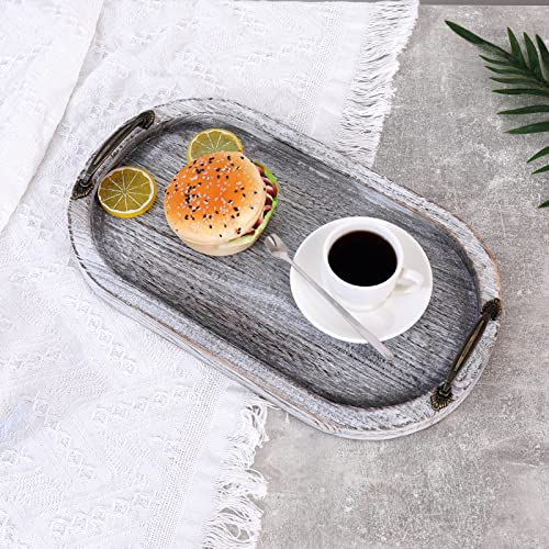 Rustic Wood Serving Tray with Metal Handles Oval Tray Ottoman Decorative Tray Wooden Trays Eating Tray for Party Home Decor Coffee Table Tray Desk Organizer Fruit Plate Breakfast Tray Whitewashed