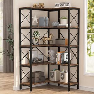 tribesigns 5-shelf corner bookshelf, large modern corner bookcase, 5-tier tall corner shelf storage display rack with metal frame for living room home office (rustic brown)