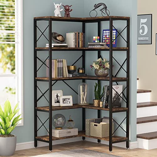 Tribesigns 5-Shelf Corner Bookshelf, Large Modern Corner Bookcase, 5-Tier Tall Corner Shelf Storage Display Rack with Metal Frame for Living Room Home Office (Rustic Brown)