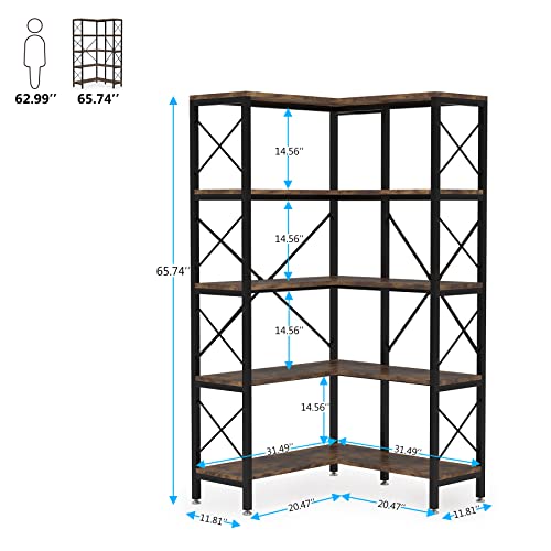 Tribesigns 5-Shelf Corner Bookshelf, Large Modern Corner Bookcase, 5-Tier Tall Corner Shelf Storage Display Rack with Metal Frame for Living Room Home Office (Rustic Brown)