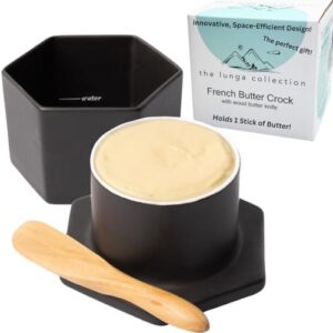 french butter crock w/ lid & wood spreading knife - matte black butter keeper - modern hexagon shape butter keeper - stoneware french butter keeper - dishwasher, oven & microwave safe butter storage