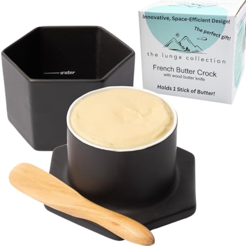 French Butter Crock w/ Lid & Wood Spreading Knife - Matte Black Butter Keeper - Modern Hexagon Shape Butter Keeper - Stoneware French Butter Keeper - Dishwasher, Oven & Microwave Safe Butter Storage