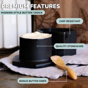 French Butter Crock w/ Lid & Wood Spreading Knife - Matte Black Butter Keeper - Modern Hexagon Shape Butter Keeper - Stoneware French Butter Keeper - Dishwasher, Oven & Microwave Safe Butter Storage