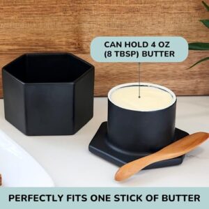 French Butter Crock w/ Lid & Wood Spreading Knife - Matte Black Butter Keeper - Modern Hexagon Shape Butter Keeper - Stoneware French Butter Keeper - Dishwasher, Oven & Microwave Safe Butter Storage