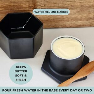 French Butter Crock w/ Lid & Wood Spreading Knife - Matte Black Butter Keeper - Modern Hexagon Shape Butter Keeper - Stoneware French Butter Keeper - Dishwasher, Oven & Microwave Safe Butter Storage